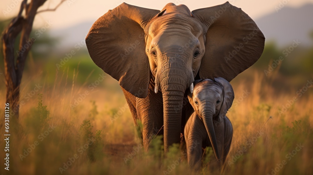 a baby elephant standing next to an adult elephant in a field of tall ...