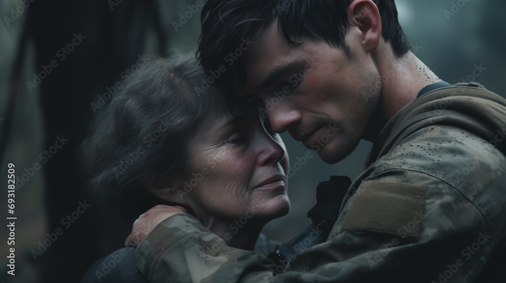 Close up photo of young soldier and his sad mother hugging him welcome ...