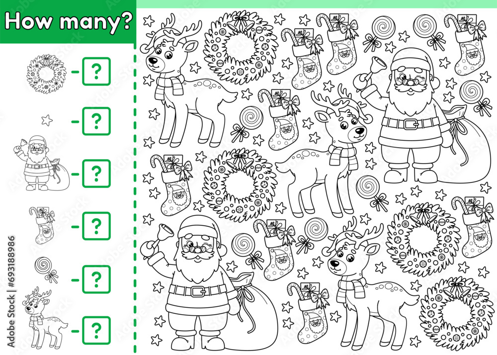 Counting game for kids. Math game. How many Christmas objects. Count ...