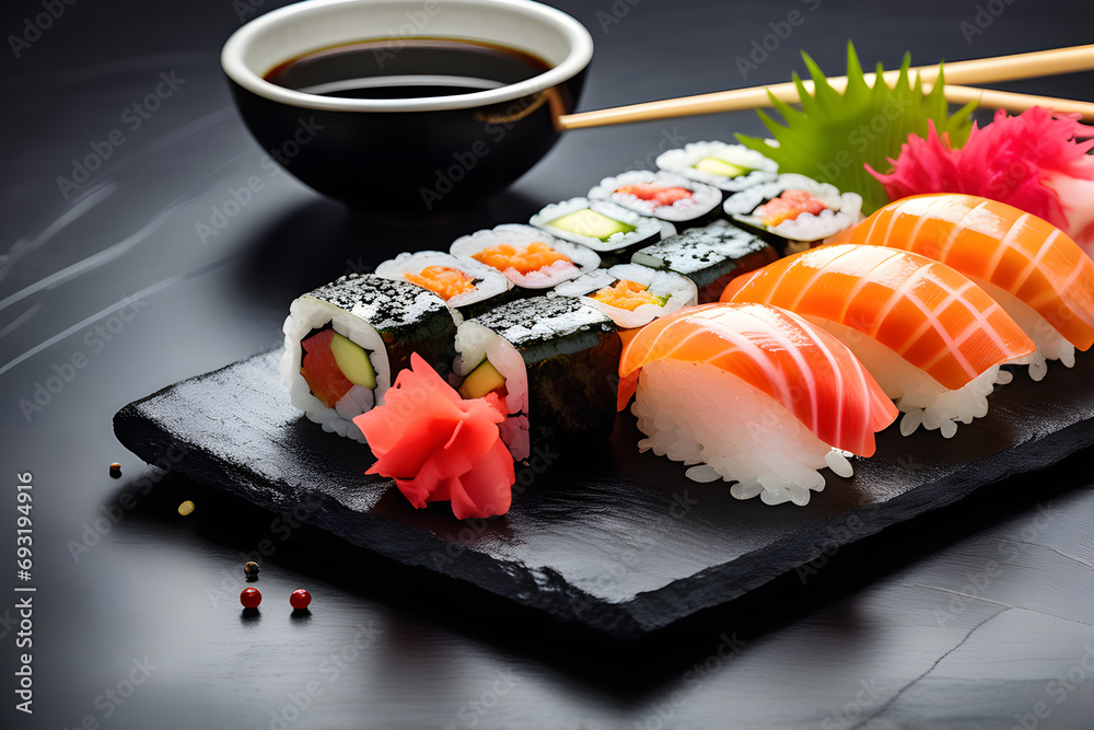 sushi and maki with soy sauce over black background - side view Stock ...