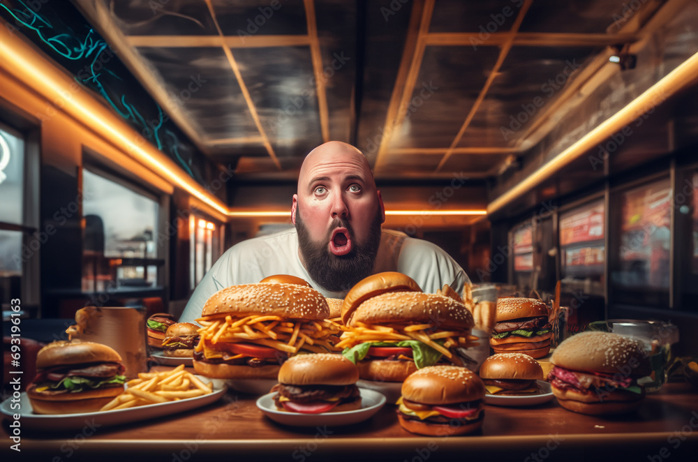 Fat man eating hamburger in fast food restaurant. Man with an obese ...