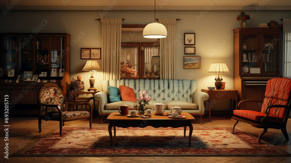 Classic retro living room ambiance with loose furniture, creating a ...