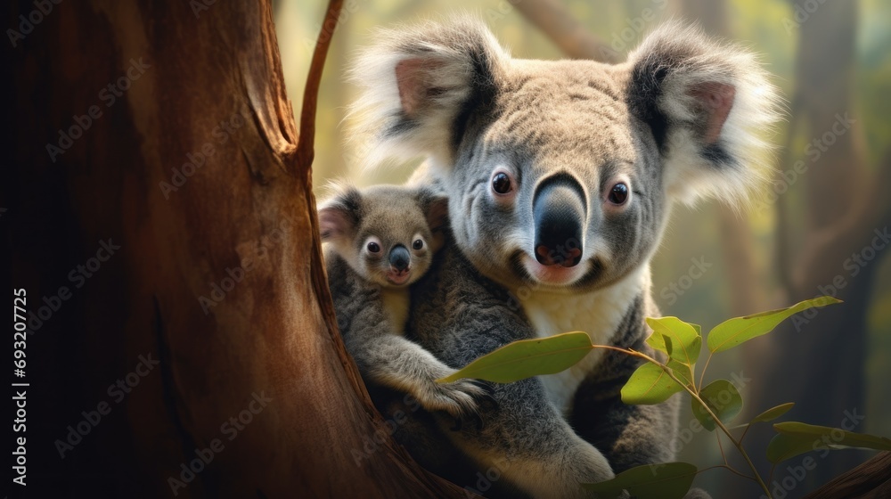 a koala holding a baby koala in a tree with its head hanging over the ...