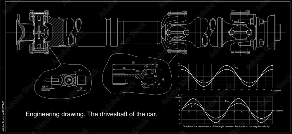 Vecteur Stock Vector engineering drawing of a driveshaft with graphs of ...