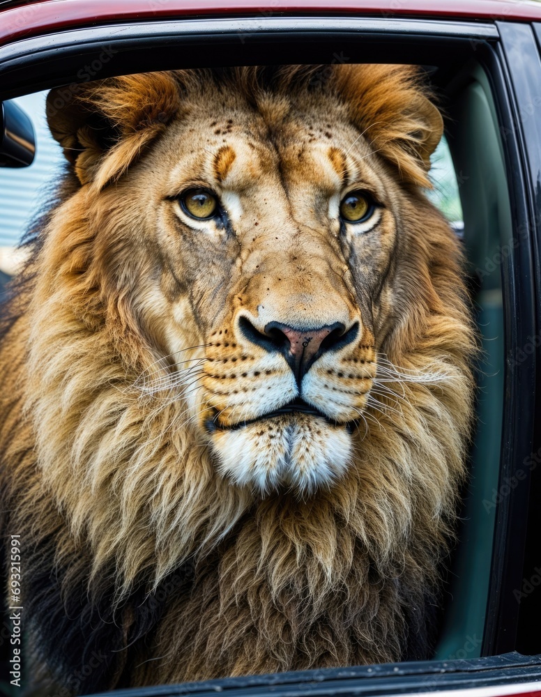 Lion in a car / Taxi - King of the jungle / road rage illustration ...