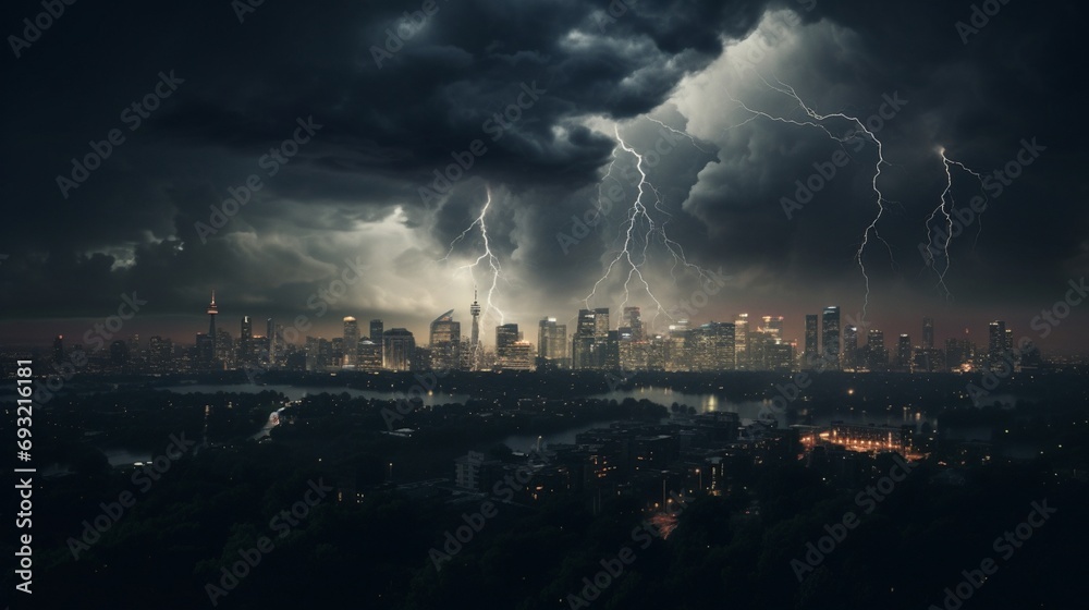 An HD image capturing a city landscape during a thunderstorm ...