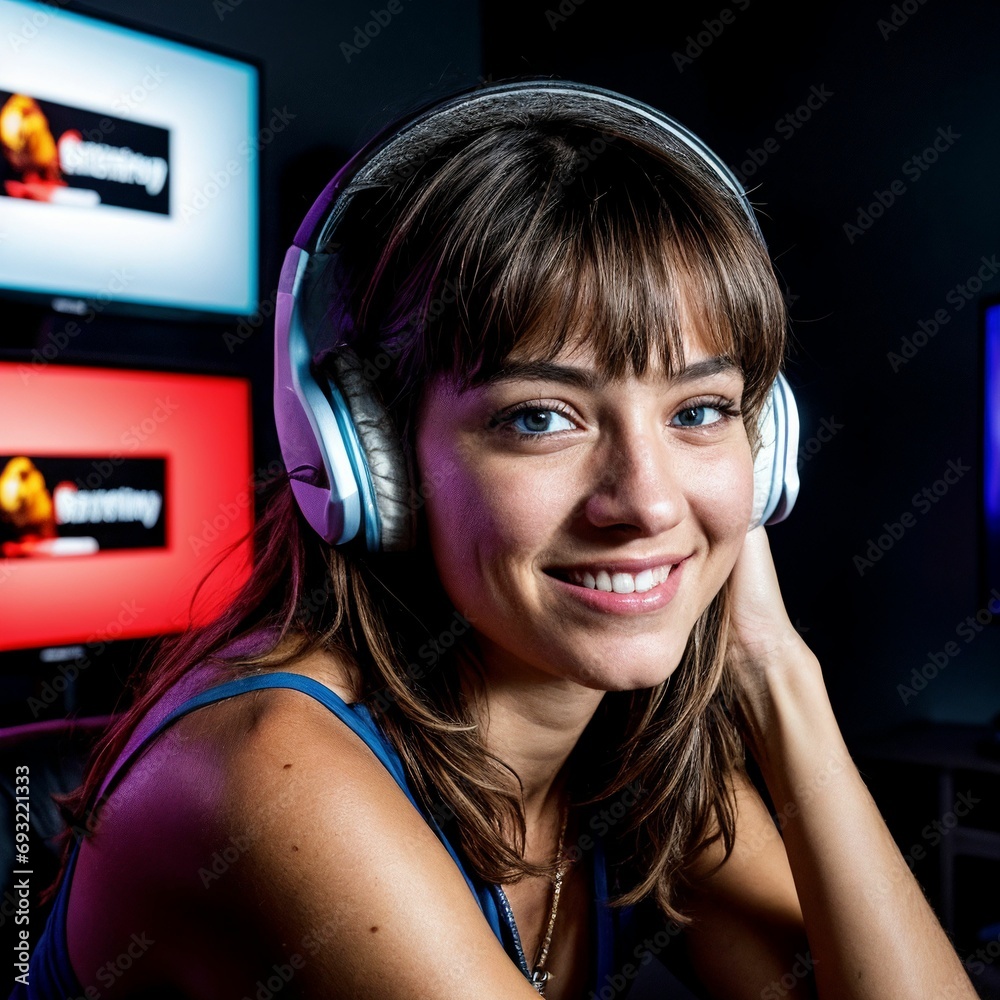 hot attractive gamer girl live streaming on twitch playing modern ...