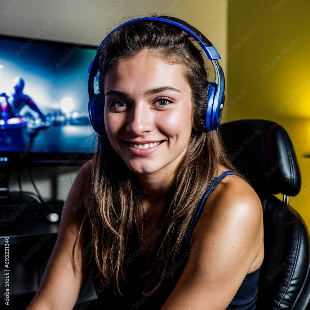 hot attractive gamer girl live streaming on twitch playing modern gamers, wearing gamer headset ...