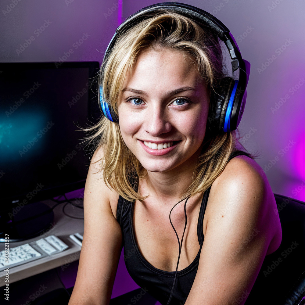 hot attractive gamer girl live streaming on twitch playing modern ...