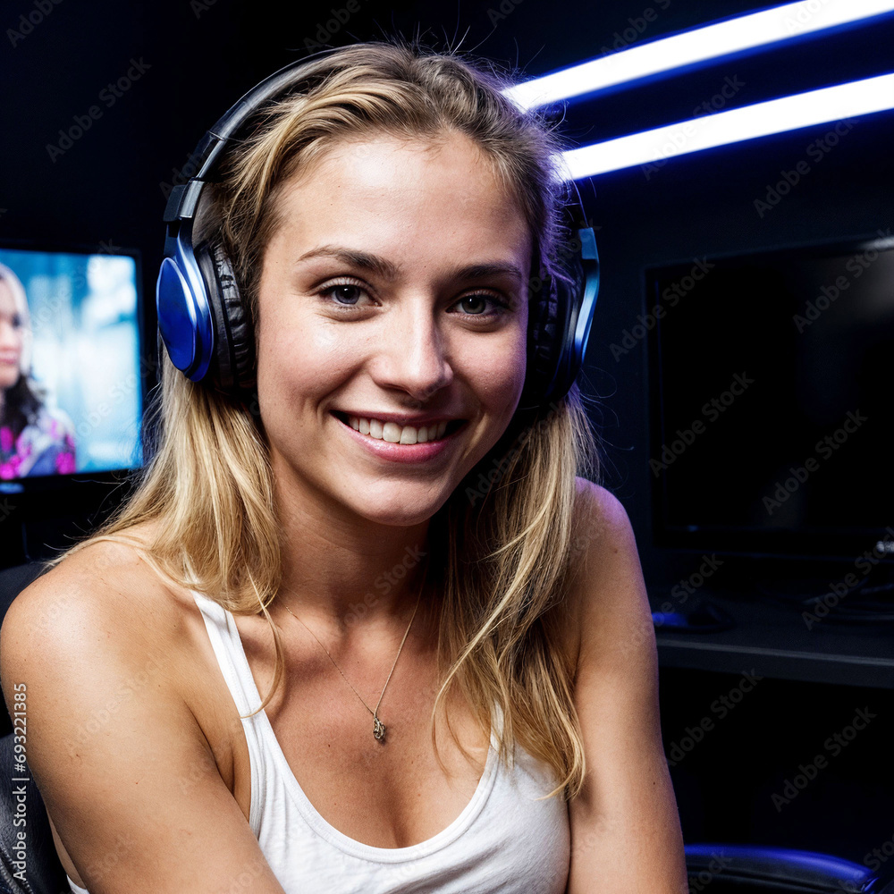 hot attractive gamer girl live streaming on twitch playing modern ...