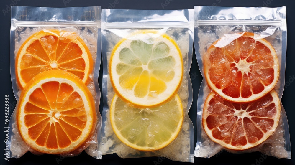 three bags of oranges, lemons, and grapefruits are shown in three ...