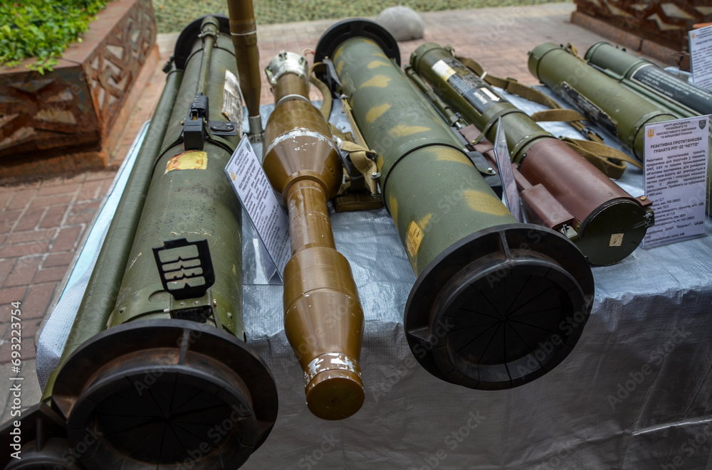 Captured trophy rocket anti-tank grenade RPG-30 "Hook", an individual single-use weapon designed ...