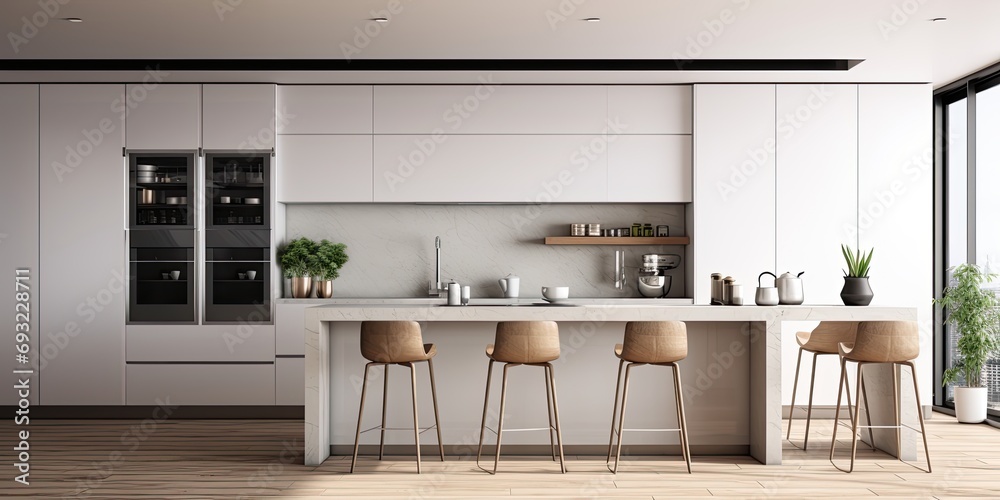 Modern two-storey kitchen with white walls, wood flooring, built-in ...