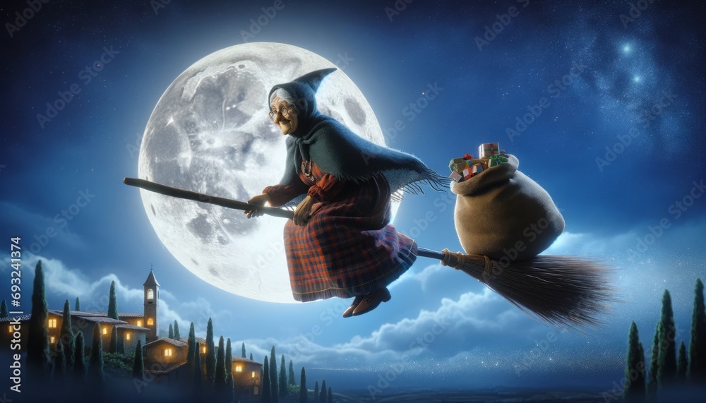 A photo realistic Befana flying on a broomstick at 5 january night ...