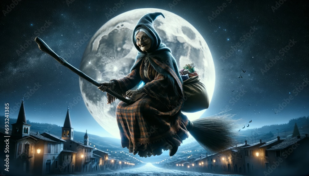A photo realistic Befana flying on a broomstick at 5 january night ...