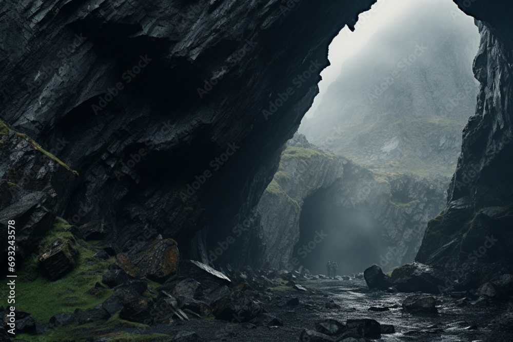A mysterious cave entrance at the base of a colossal mountain, shrouded ...