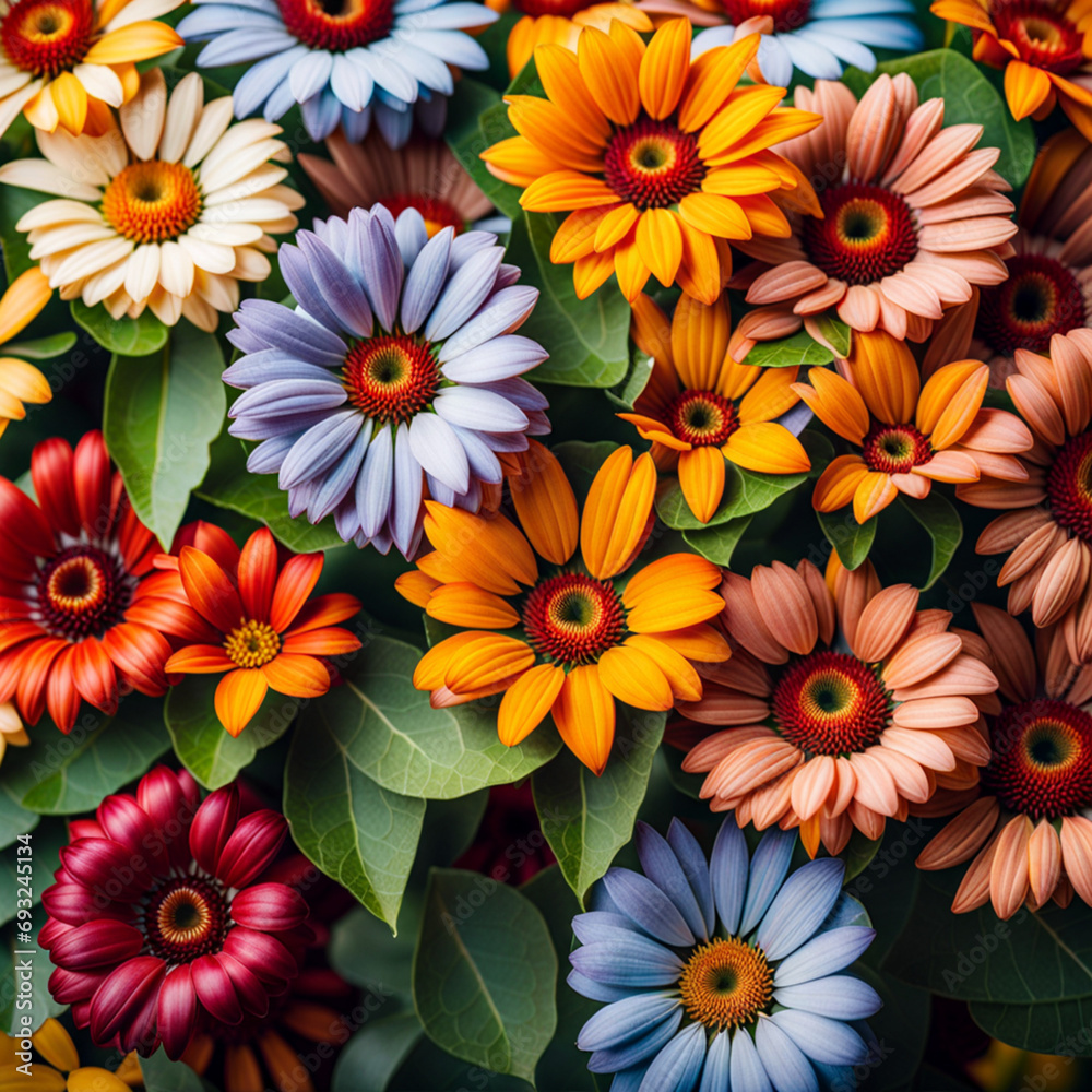 close-up de um buquê de flores. As flores são coloridas e variadas, com ...