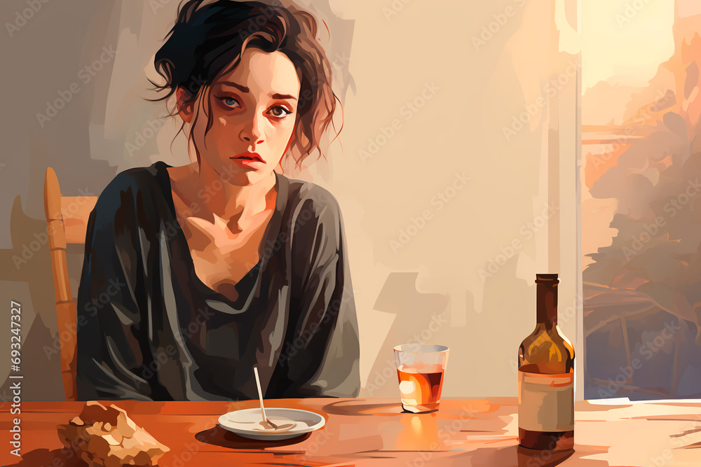 Vector illustration: Despondent girl sits at a table, smoking and ...