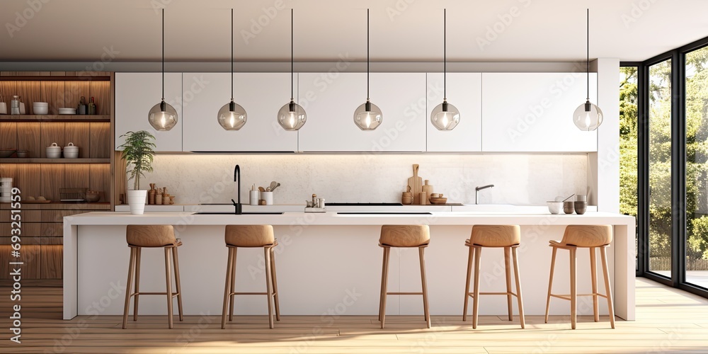 Modern white kitchen with wooden floor and ceiling, featuring an island ...