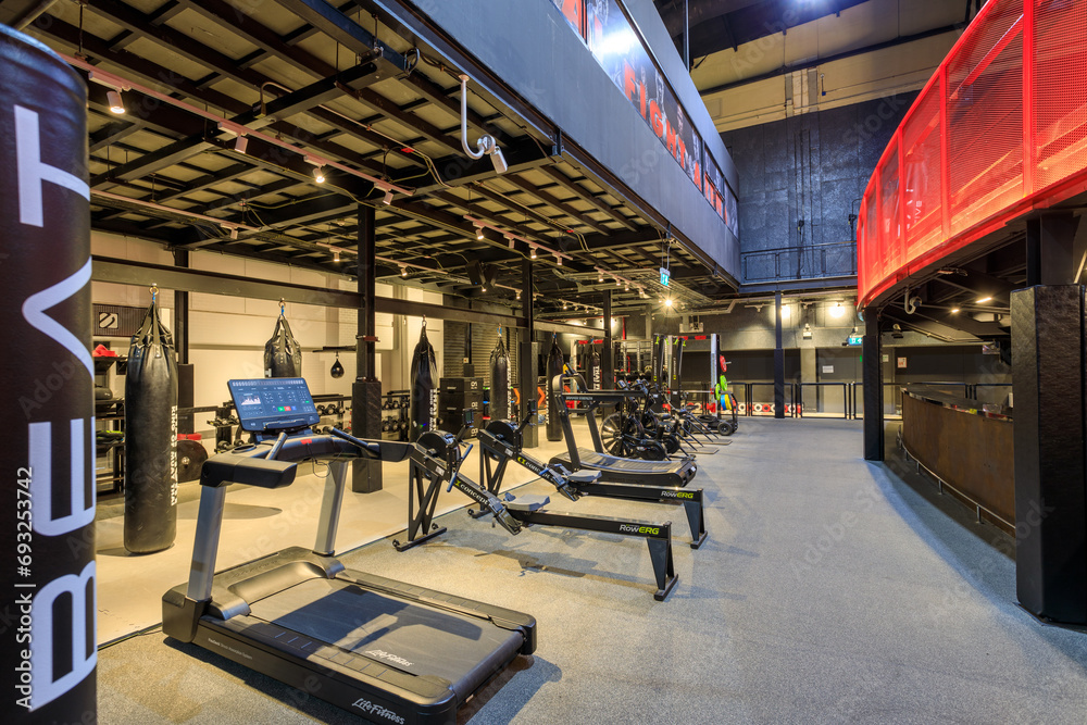 Bangkok, Thailand - December 12, 2023: Interior of Beat Active gym and exercise equipment ...