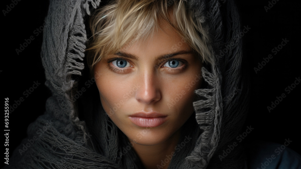 Studio portrait of a blond model wearing a grey cowl. Sculptured ...