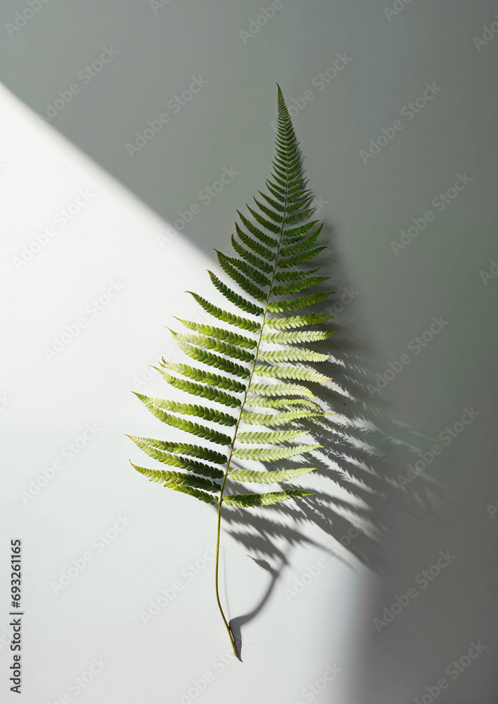 Native fern on a white background, with sunlight pouring onto the fern ...
