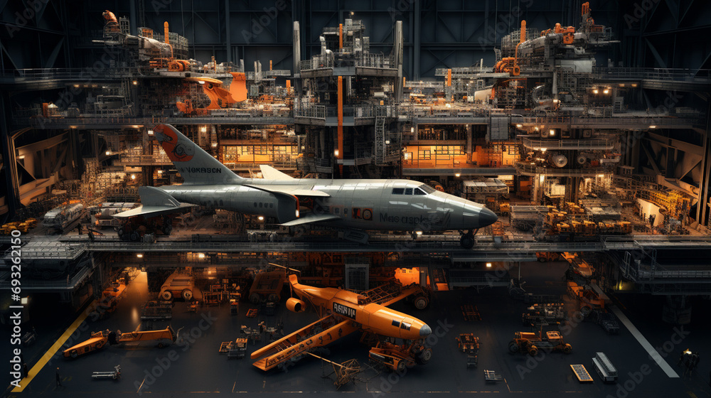 Aircraft assembly factory. Plane assembly factory. Generative AI. Stock ...