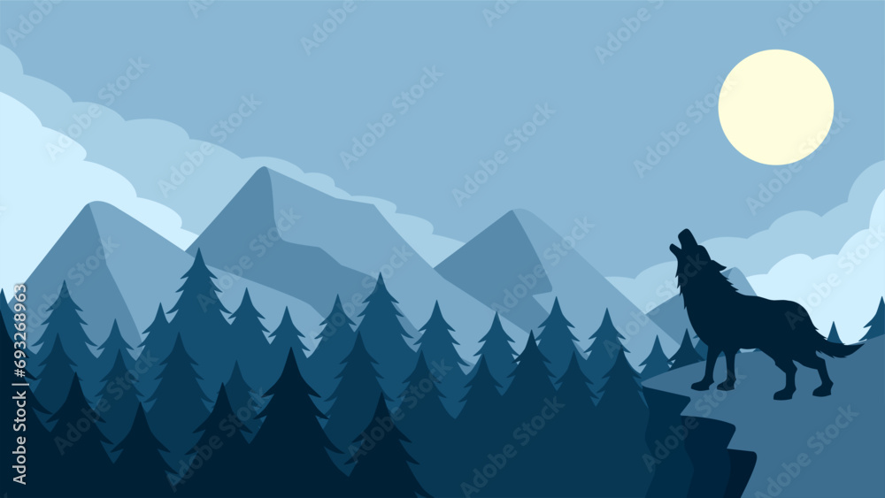 Wildlife wolf landscape vector illustration. Scenery of wolf howling ...