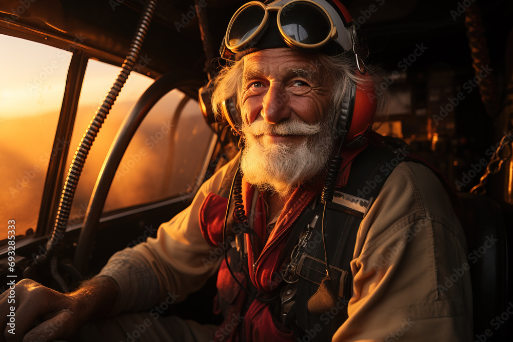 Joyful elderly pilot in vintage gear smiling warmly in the cockpit of a ...