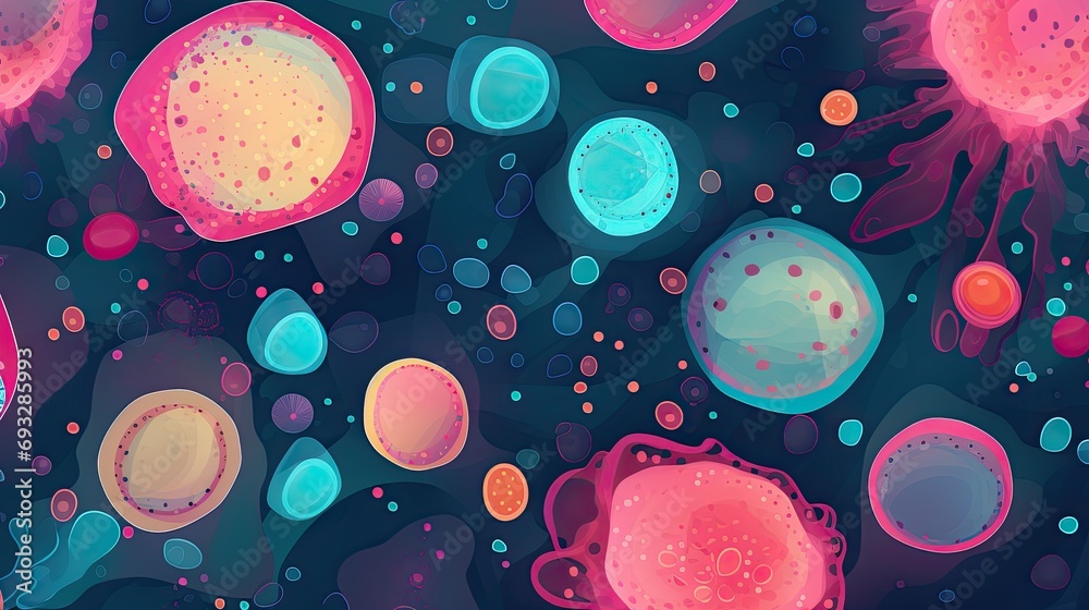 Magnified microscopic world background. With cells, bacteria, and ...
