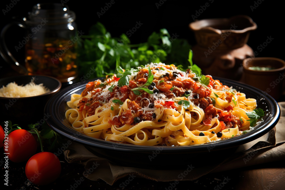 A sumptuous plate of tagliatelle pasta topped with rich tomato sauce ...