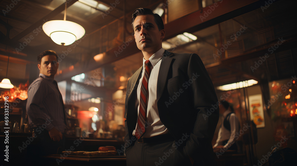 Executive in a suit planning in the office - low angle shot - retro ...