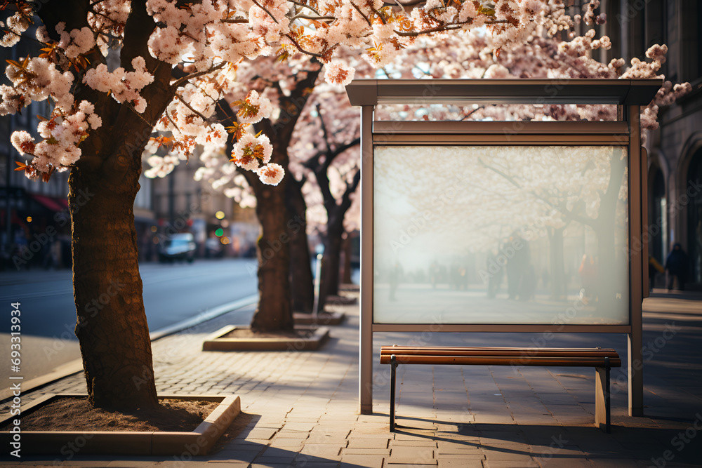 Advertising construction billboard banner at a transport stop with ...