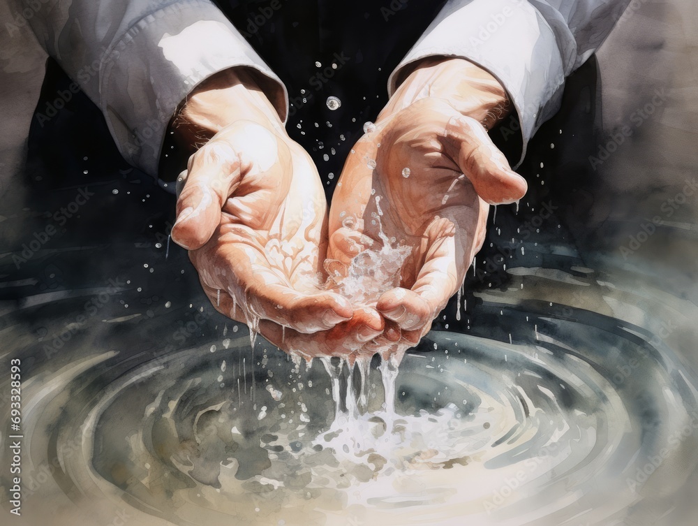 Two hands reaching for each other, cupped in a circle of water ...