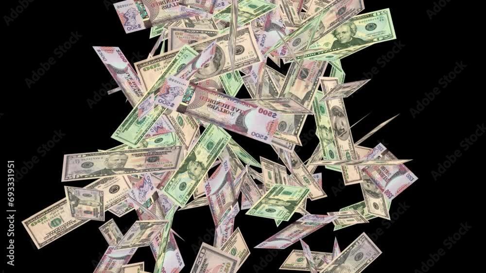 money falling animation on transparent background, note falling ...