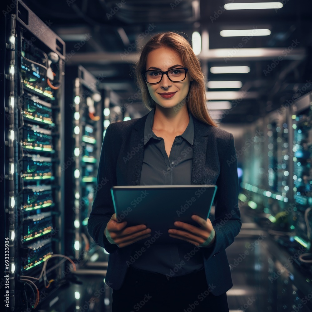 Tech Savvy: Female Computer Engineer Working in Data Center Among Rows ...