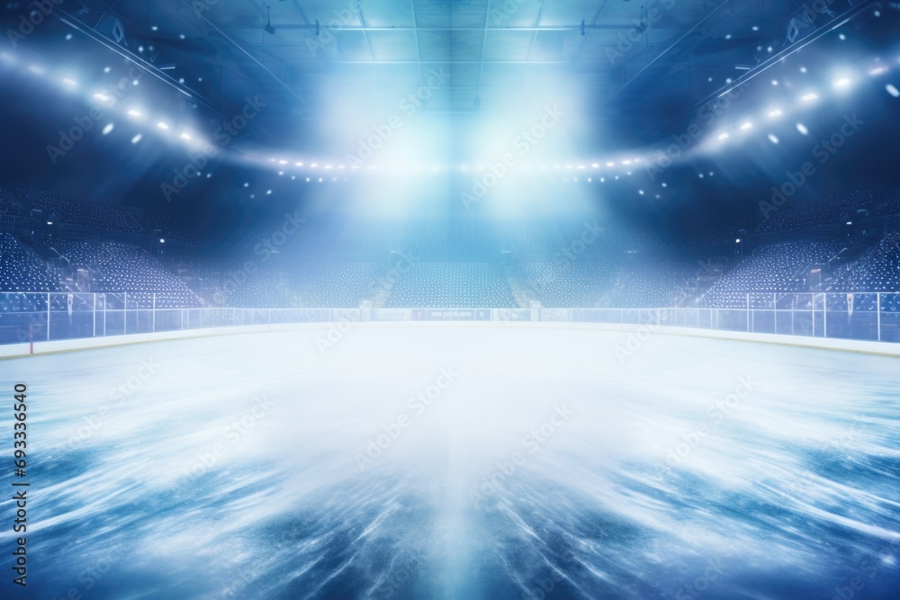 An image of an ice hockey rink with spotlights illuminating the area ...