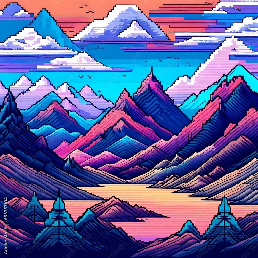 6 bit 8 bit 10 bit 12 bit bitmap pixel art of a mountain landscape with ...