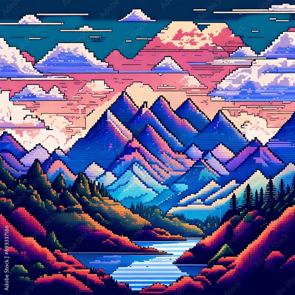 6 bit 8 bit 10 bit 12 bit bitmap pixel art of a mountain landscape with ...