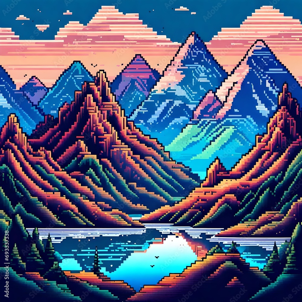 6 bit 8 bit 10 bit 12 bit bitmap pixel art of a mountain landscape with ...