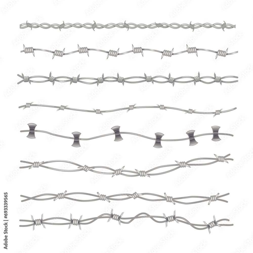 Realistic seamless barbed wire border pattern set collection, Razor ...
