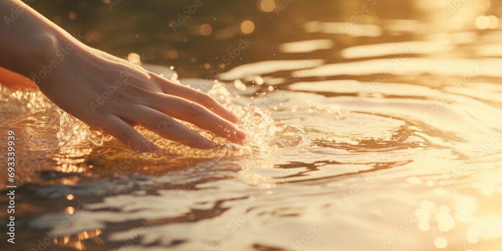 A person's hand gently touching the surface of a body of water. This ...