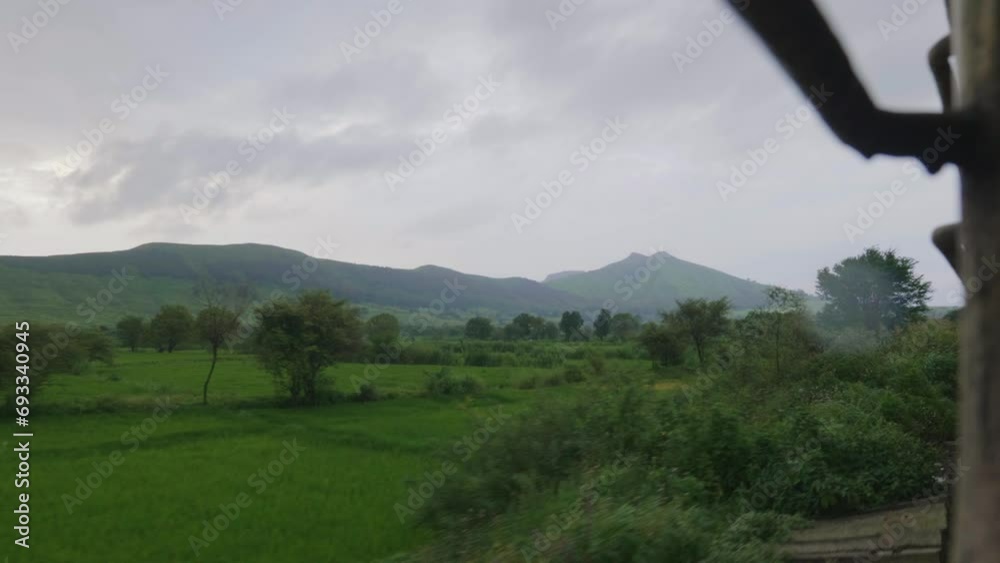 A scenic green monsoon landscape with meadows, farm fields, trees, and ...