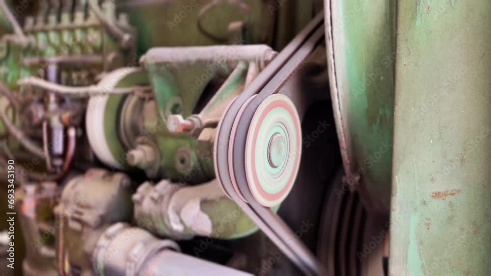 Working Belt drive mechanism of diesel engine water pump running the ...