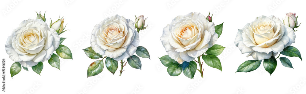 set of watercolor white rose flower clipart on transparent background ...
