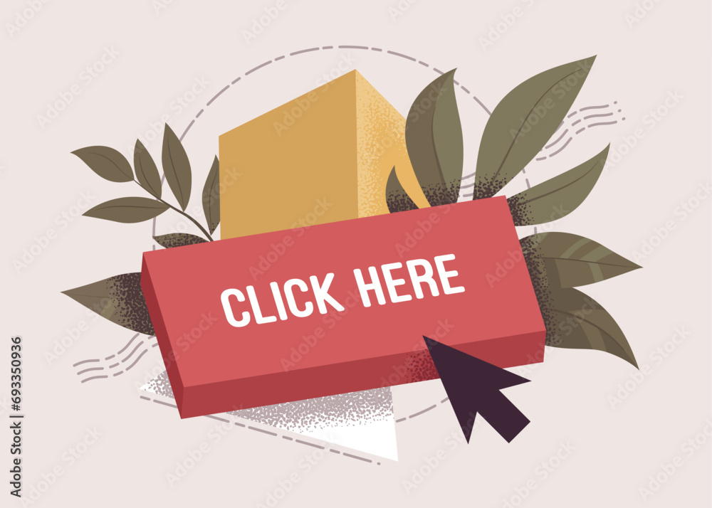 Click here red button, mouse arrow pointer sign. Press action to search ...