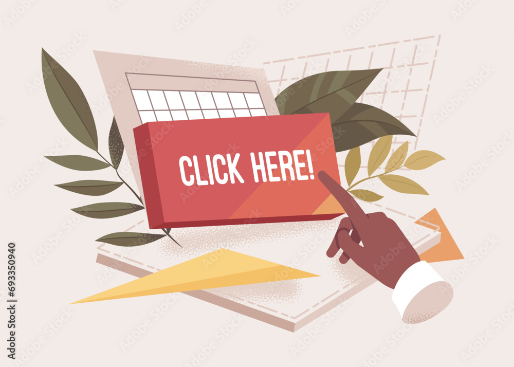 Click here red button, black hand finger point sign. Press action to ...