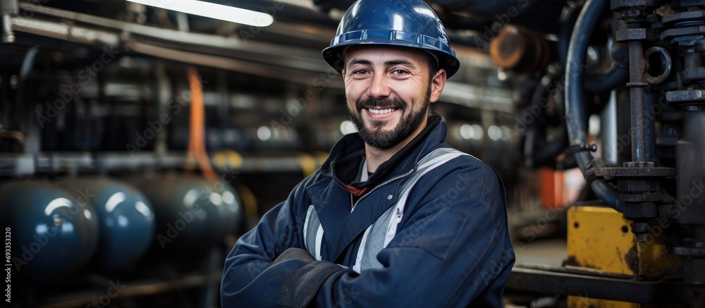 Skilled worker in uniform, helmet, and gear working at oil station ...