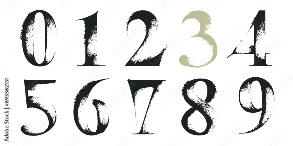 0 to 9 logos. Serif numbers set with dry brush strokes. Classic style ...