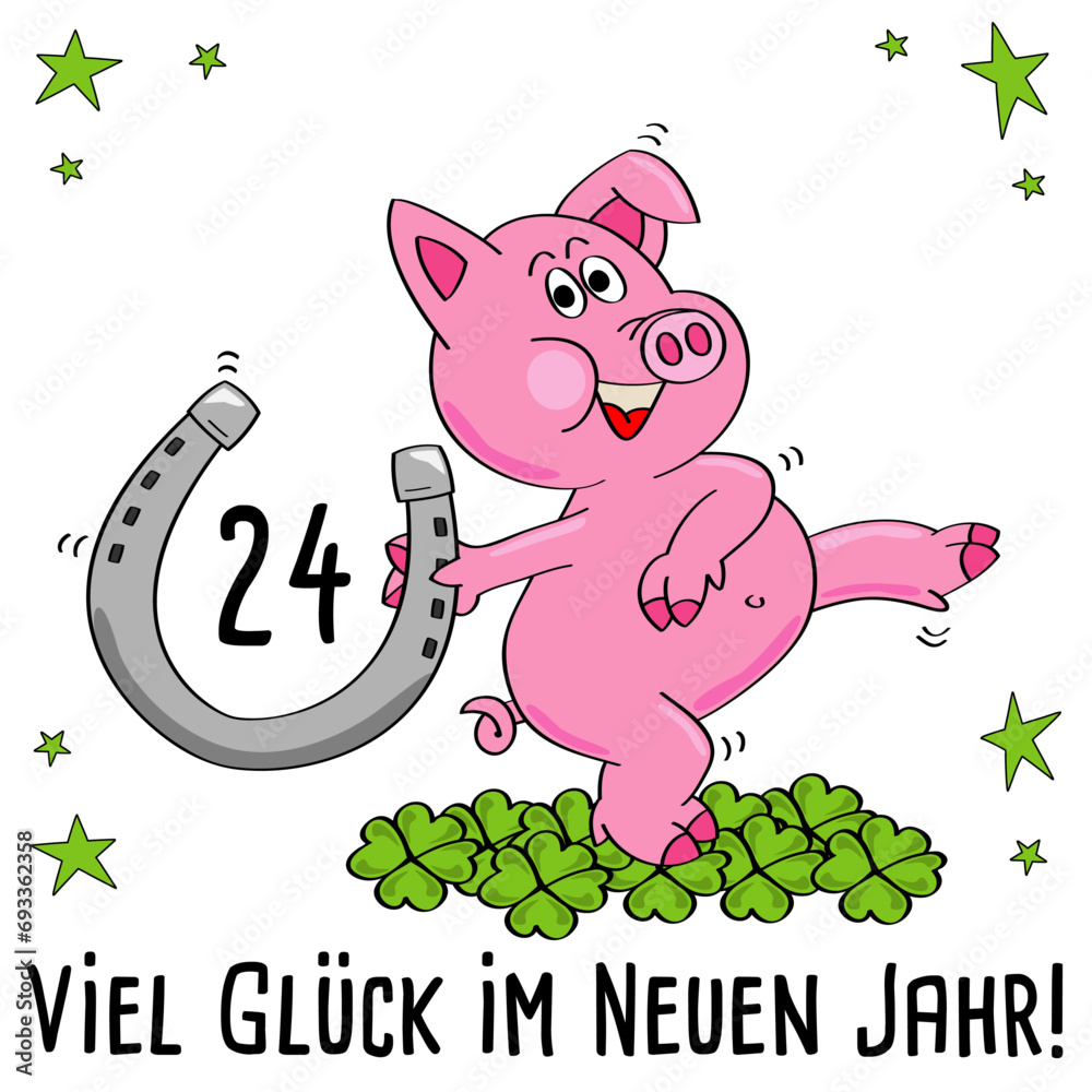 Glücksschwein Cartoon - Viel Glück im Neuen Jahr! Ein rosa Schweinchen ...